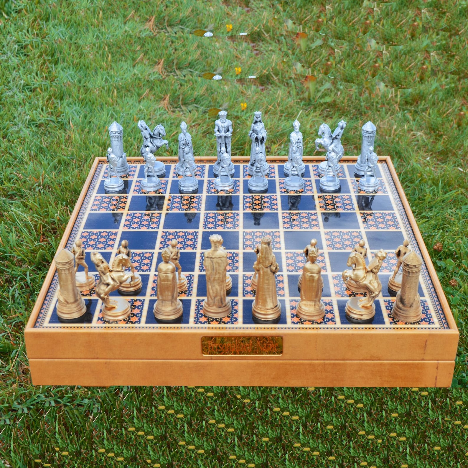 Premium Metal English Chess Set With Chessboard Personalized Name Plate ...