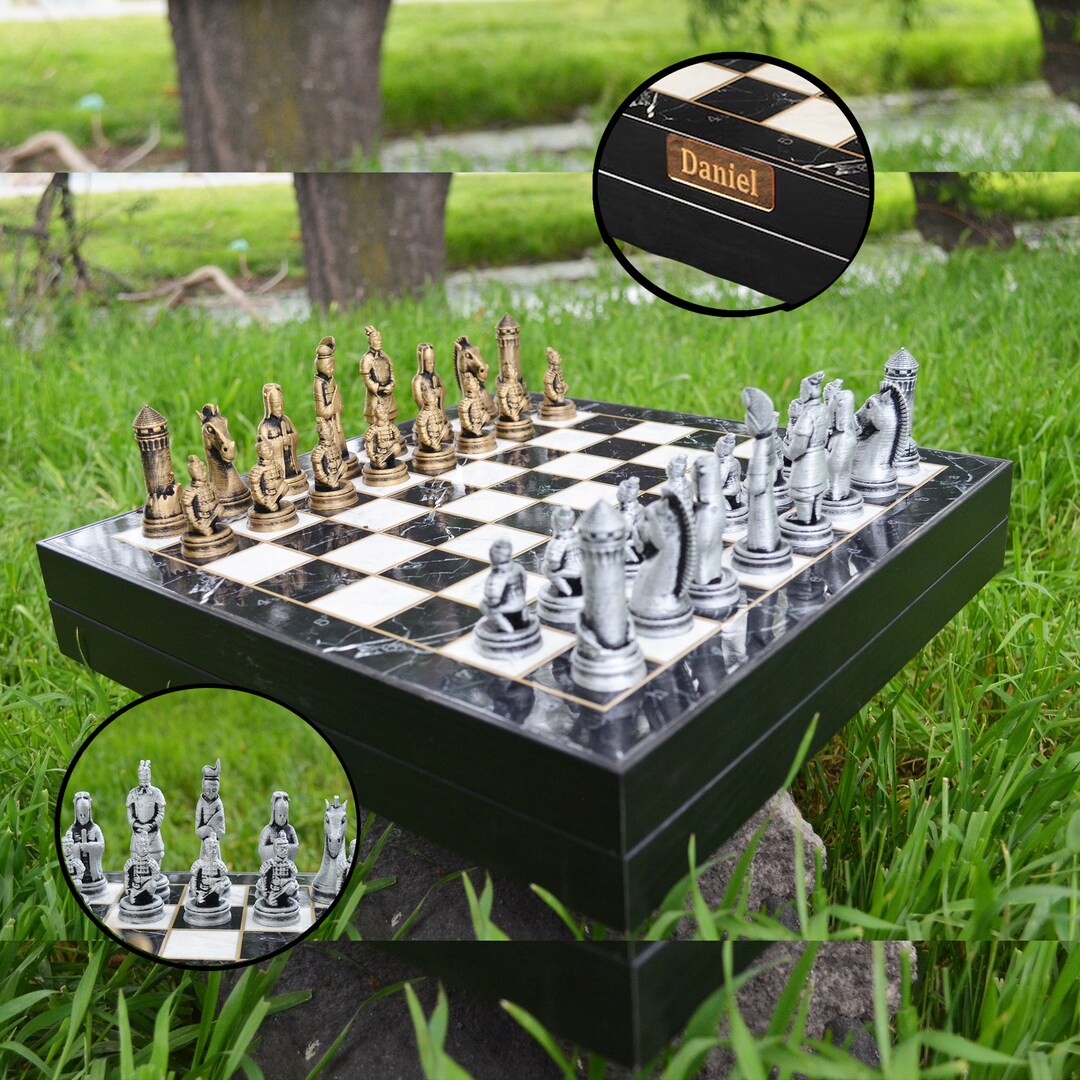 Beach Game Metal Chess Set With Chessboard - Personalized Name Plate ...