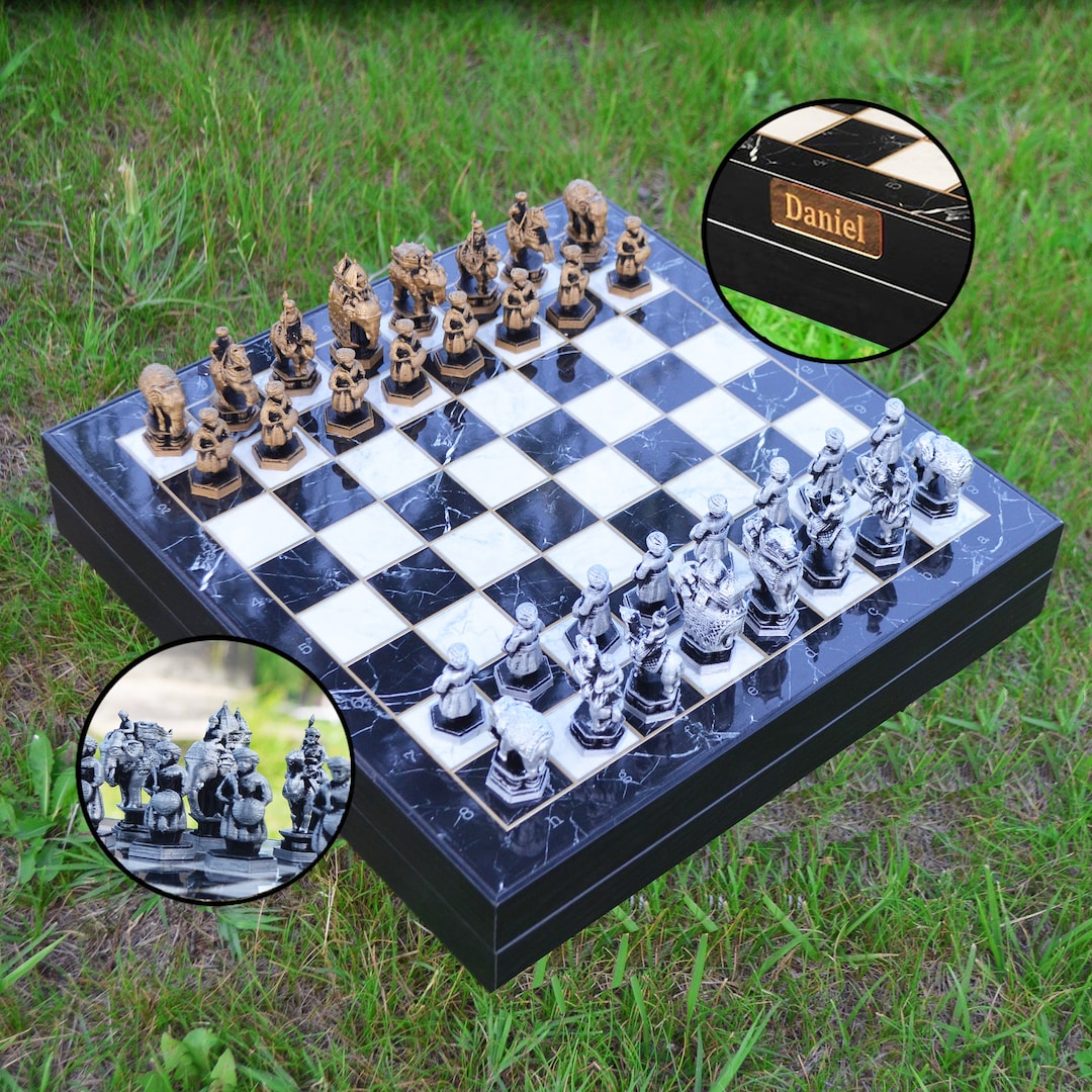 Luxury Metal Chess Set: Gold & Silver Pieces, Marble Style Board ...