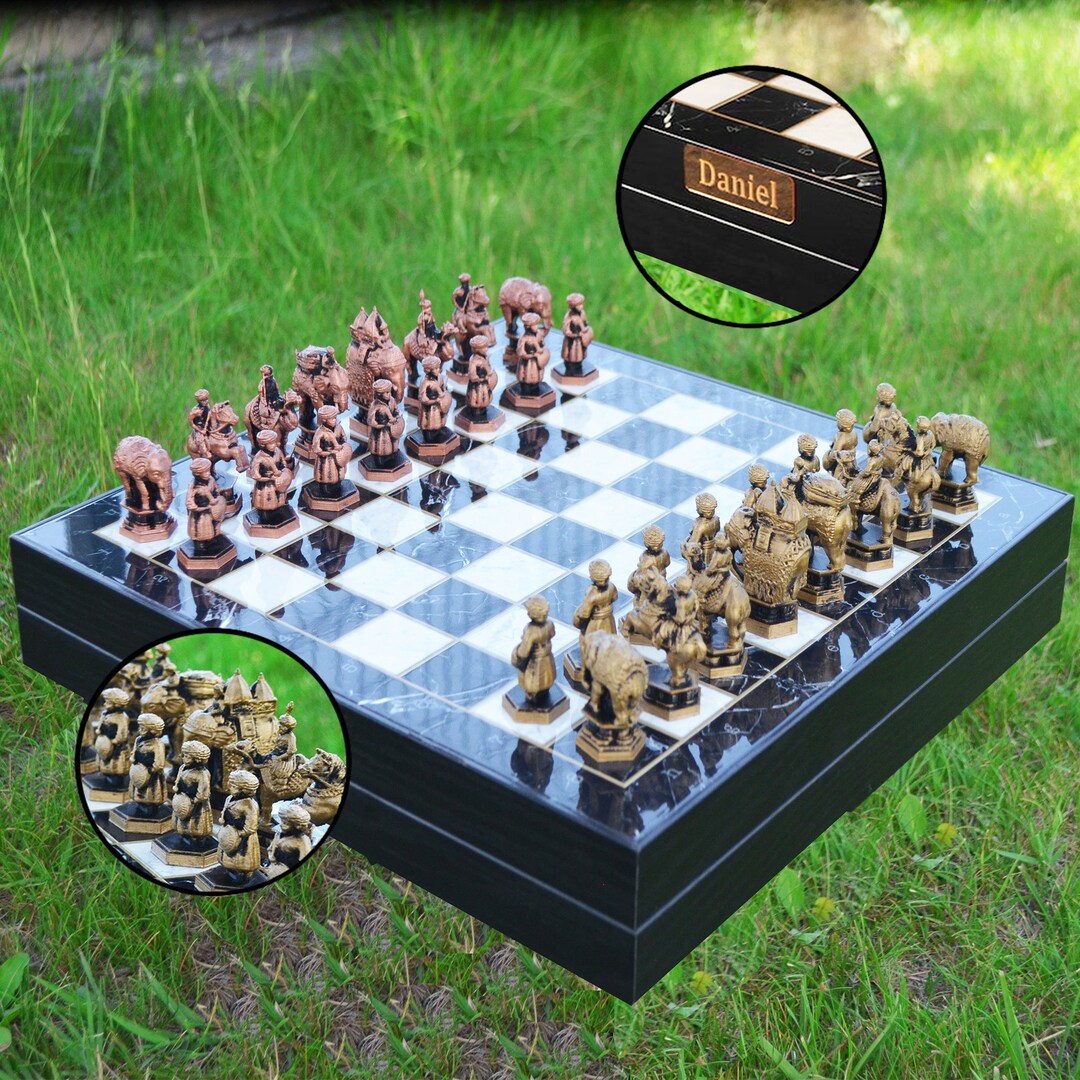 Marble Metal Chess Set With Chessboard - Personalized Name Plate ...