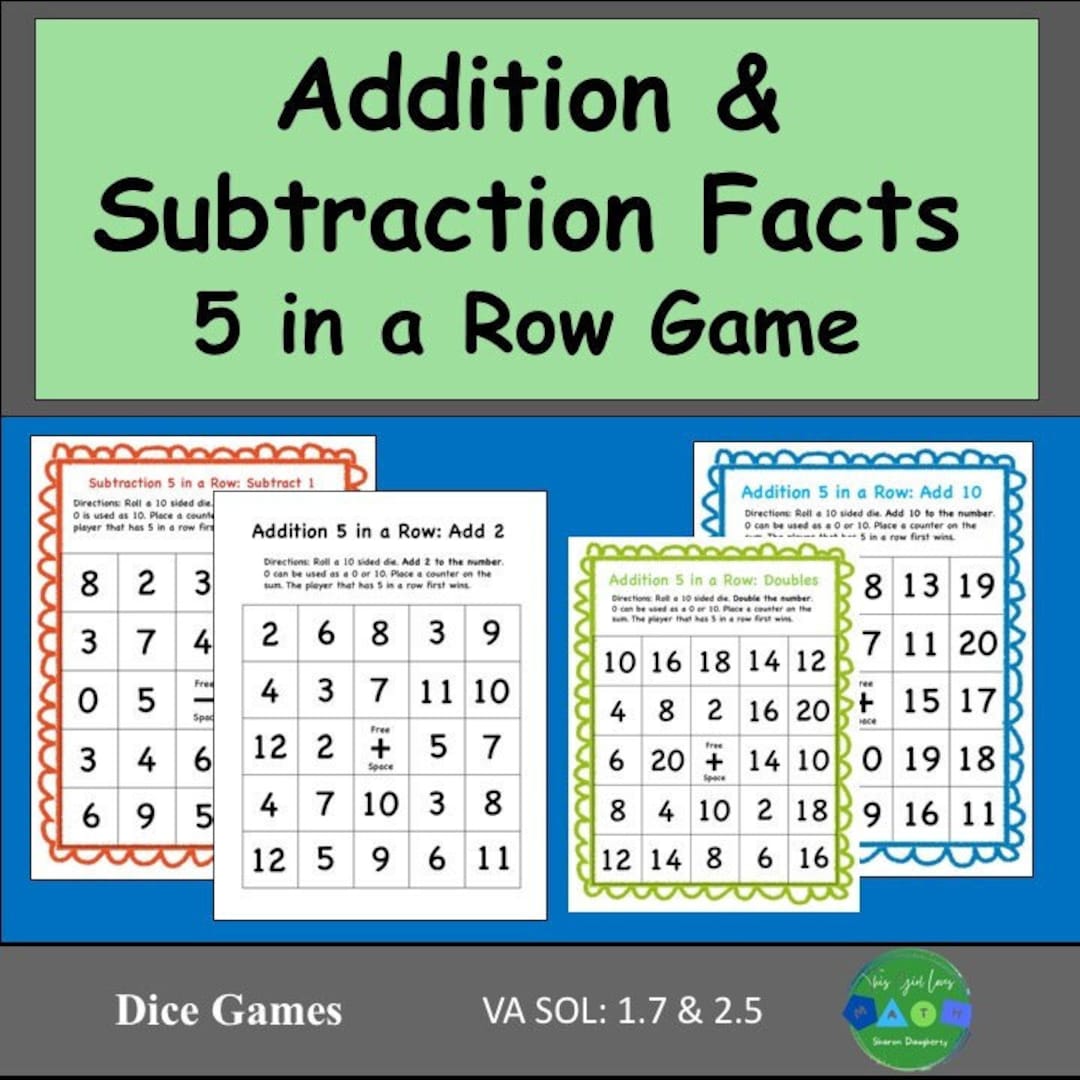 Addition and Subtraction 5 in a Row Math Fact Games - Etsy