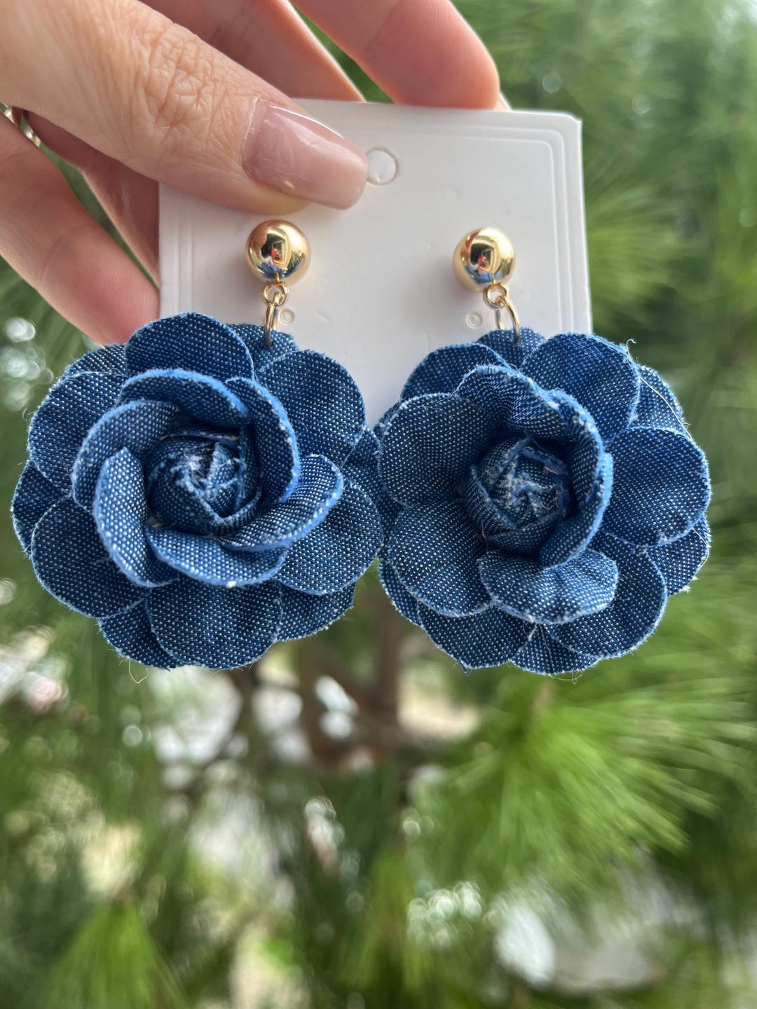 Denim Flower Earrings, Denim Rose Dangle Earrings, Large Statement ...