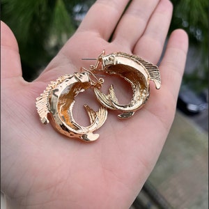 Gold Fish Figure Earrings, Animal Jewelry Gift, Gold Fish Hoops ...