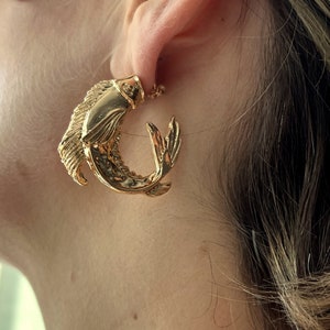 Gold Fish Figure Earrings, Animal Jewelry Gift, Gold Fish Hoops ...