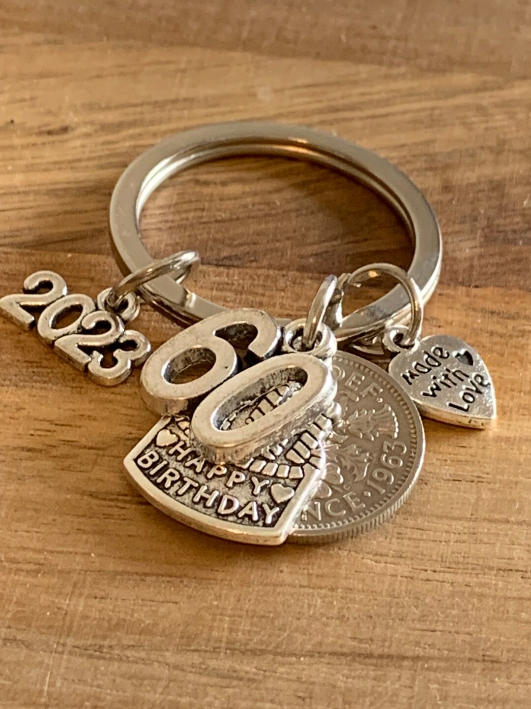 60th Birthday Polished 1963 Lucky Shilling & Charm Keyring Gift for Him ...