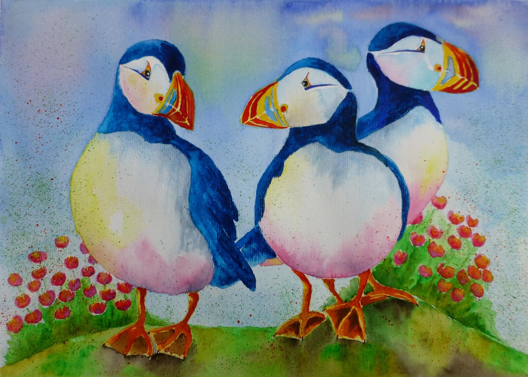 Puffins Original Watercolour Painting, Puffin Seabirds Fine Art 16.5 in ...