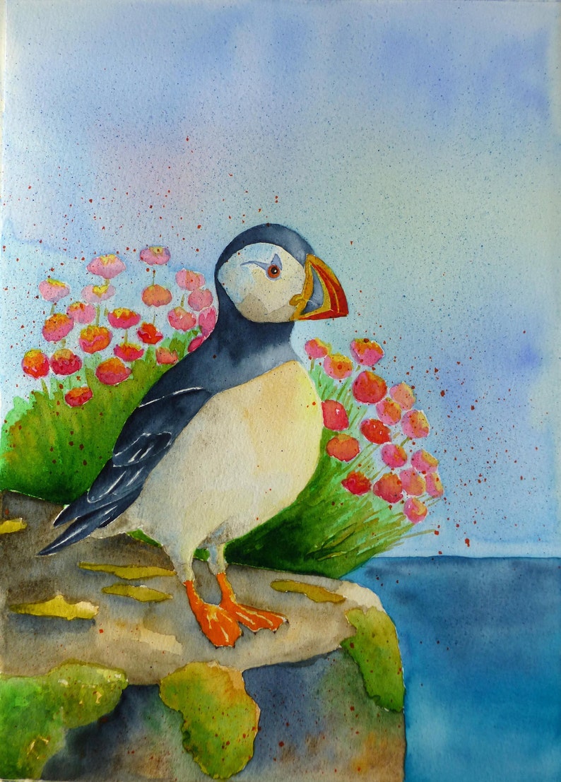 Puffin Original Watercolour Painting Fine Art 14 in X 10 in Seabirds ...