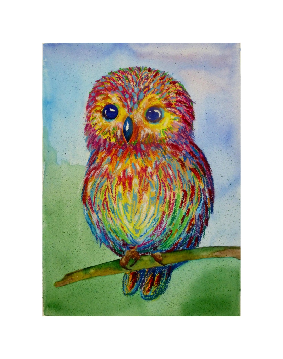 Owl Original Painting Oil Pastel & Watercolour Owl 10 X 13.5 in Owl ...