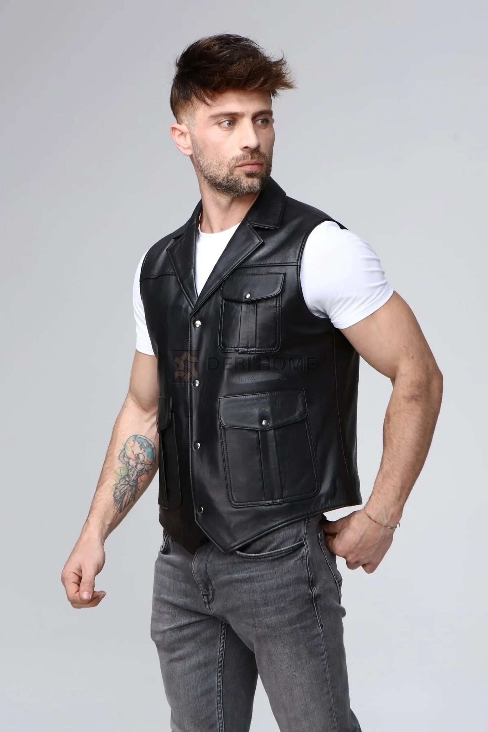 Men's Black Leather Vest With Jacket Collar, Collared Motorcycle Vest ...
