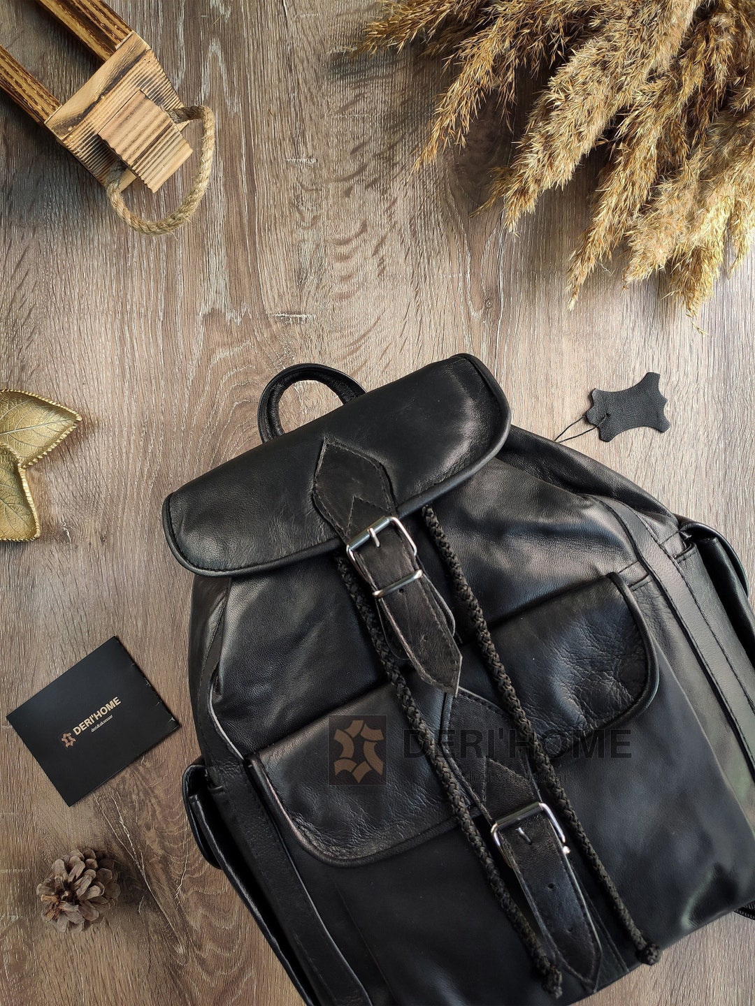 Black Leather Backpack, Drawstring Leather Backpack, Large Leather ...