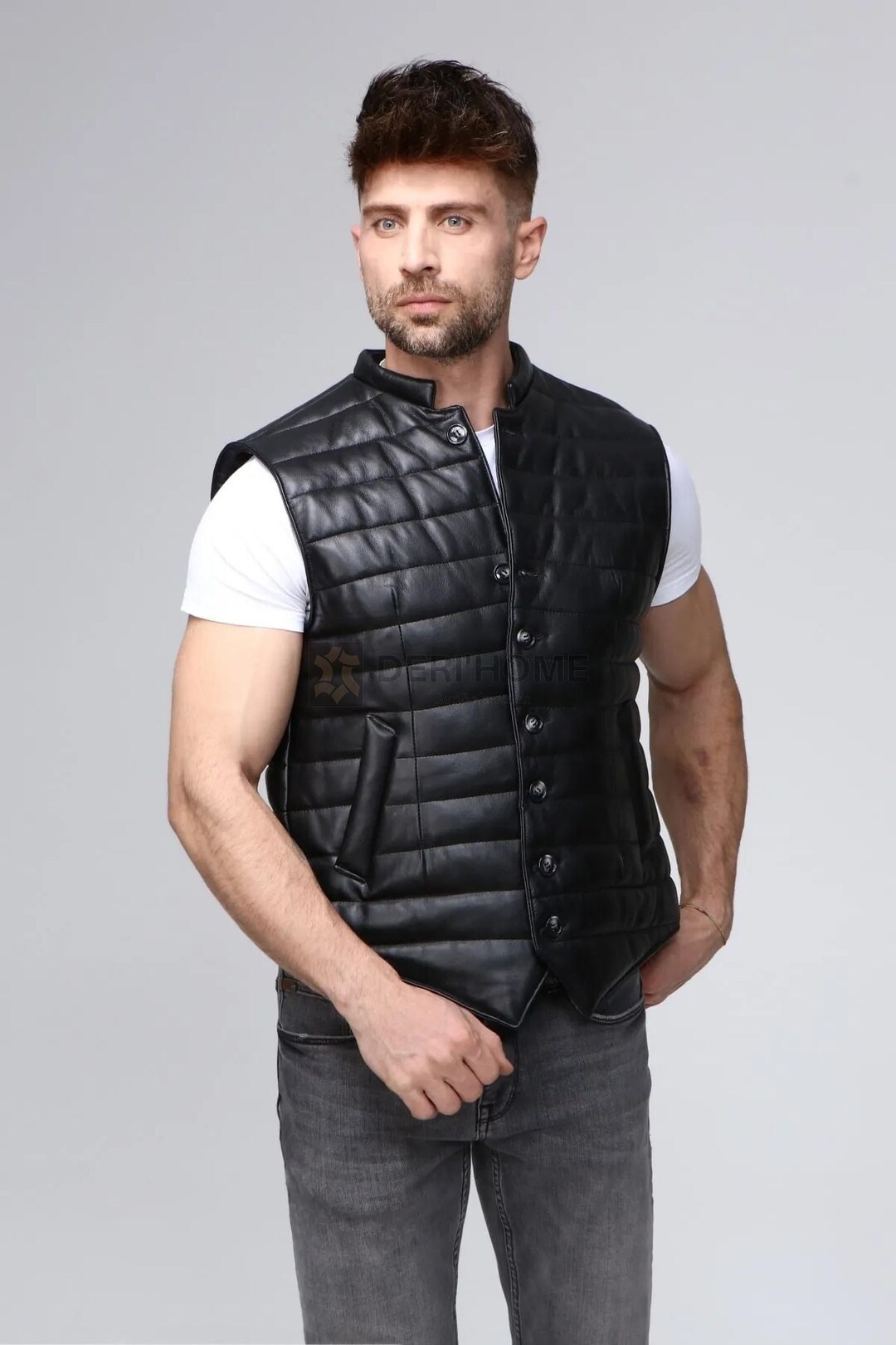 Men's Black Leather Puffer Vest, Men's Black Biker Leather Vest ...