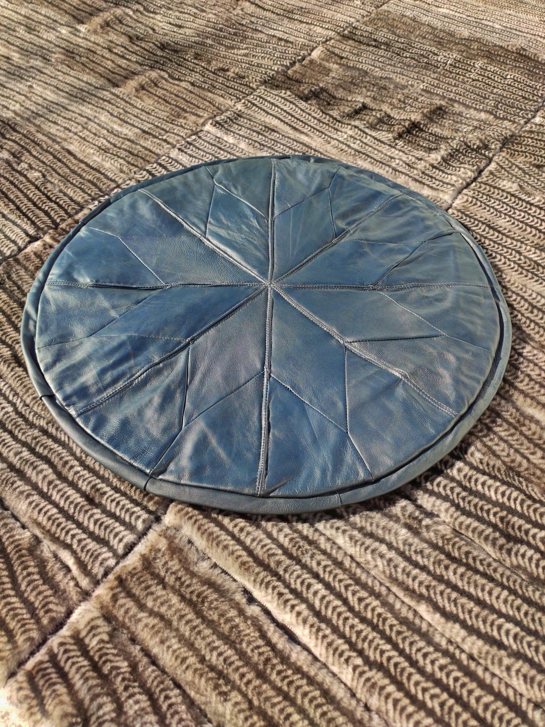 Navy Blue Round Leather Pouf, Ottoman Pouf, Moroccan Pouf, Leather ...