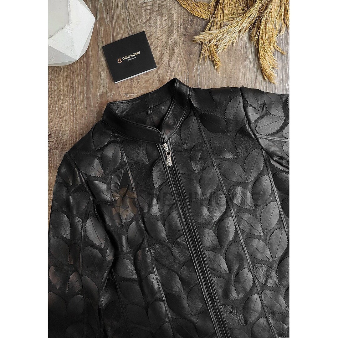 Women Black Leaf Leather Jacket, Leaf Shirt, Beach Jacket, Party Jacket ...
