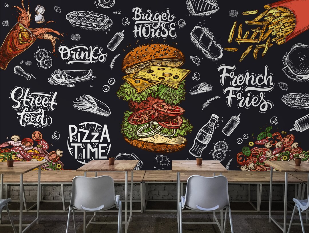 Blackboard Style Fast Food Restaurant Wallpaper, Burger Bistro Wall ...