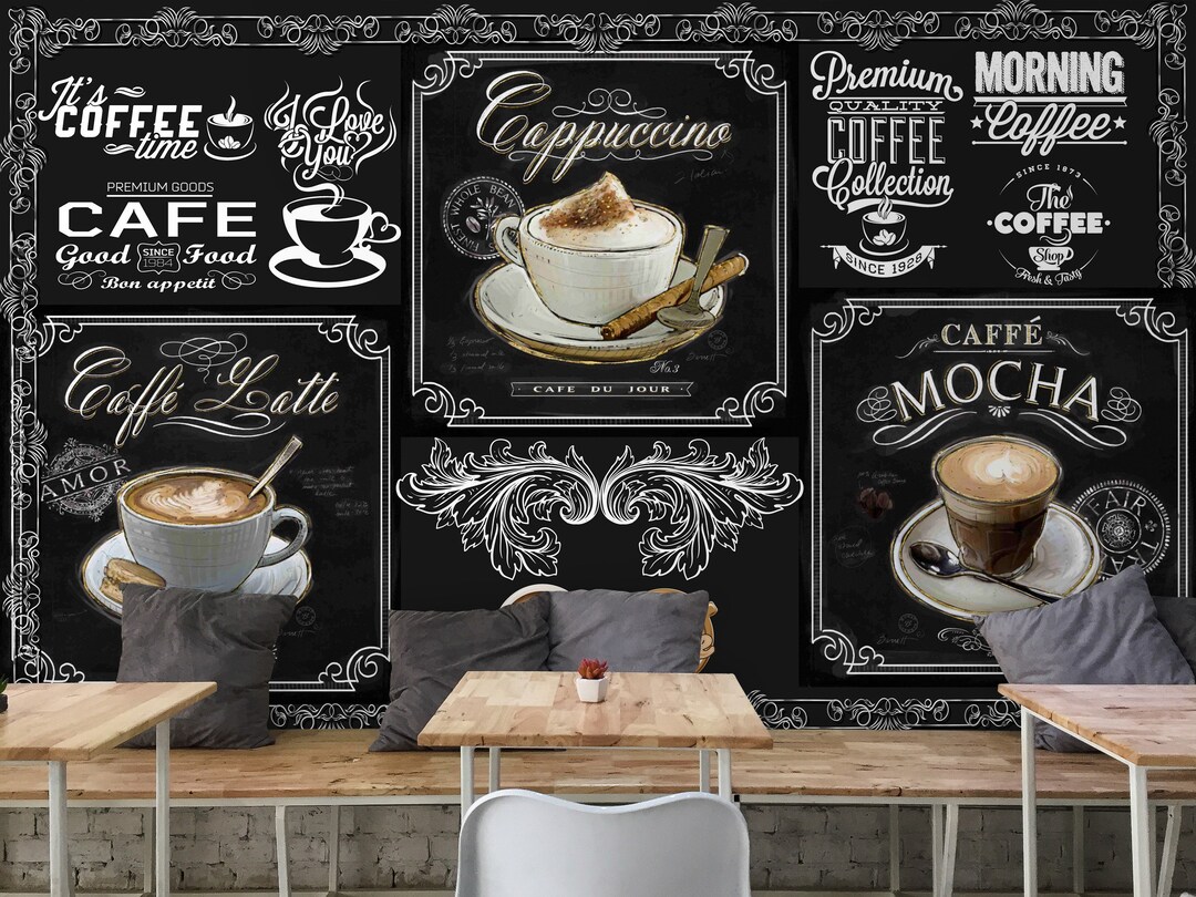 Coffee Wallpaper, Blackboard Style Cafe and Bistro Wall Mural, Sketch ...