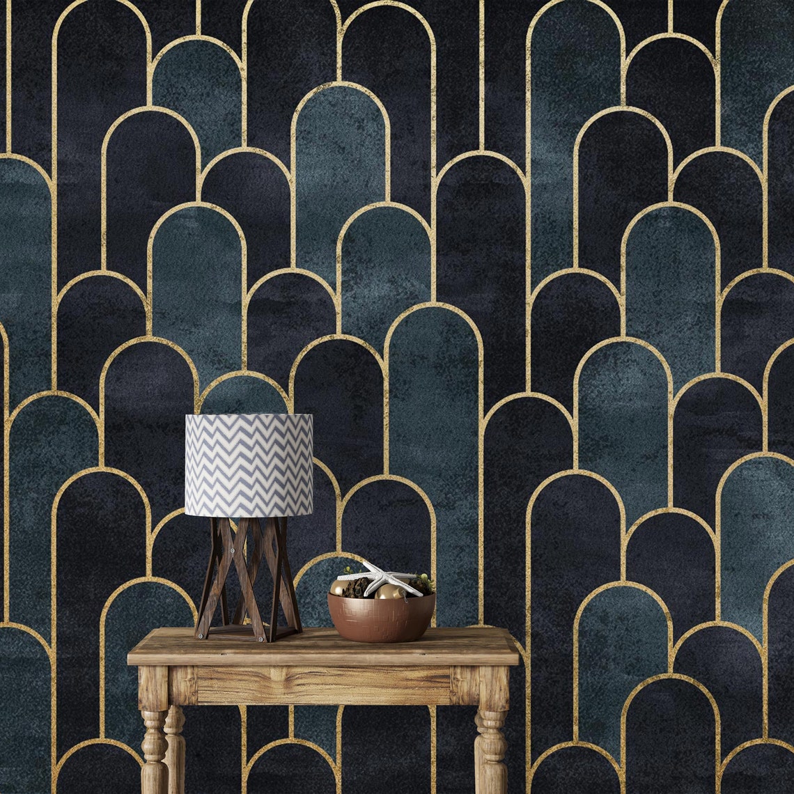 Black and Dark Blue Arch With Gold Details Living Room Wallpaper ...