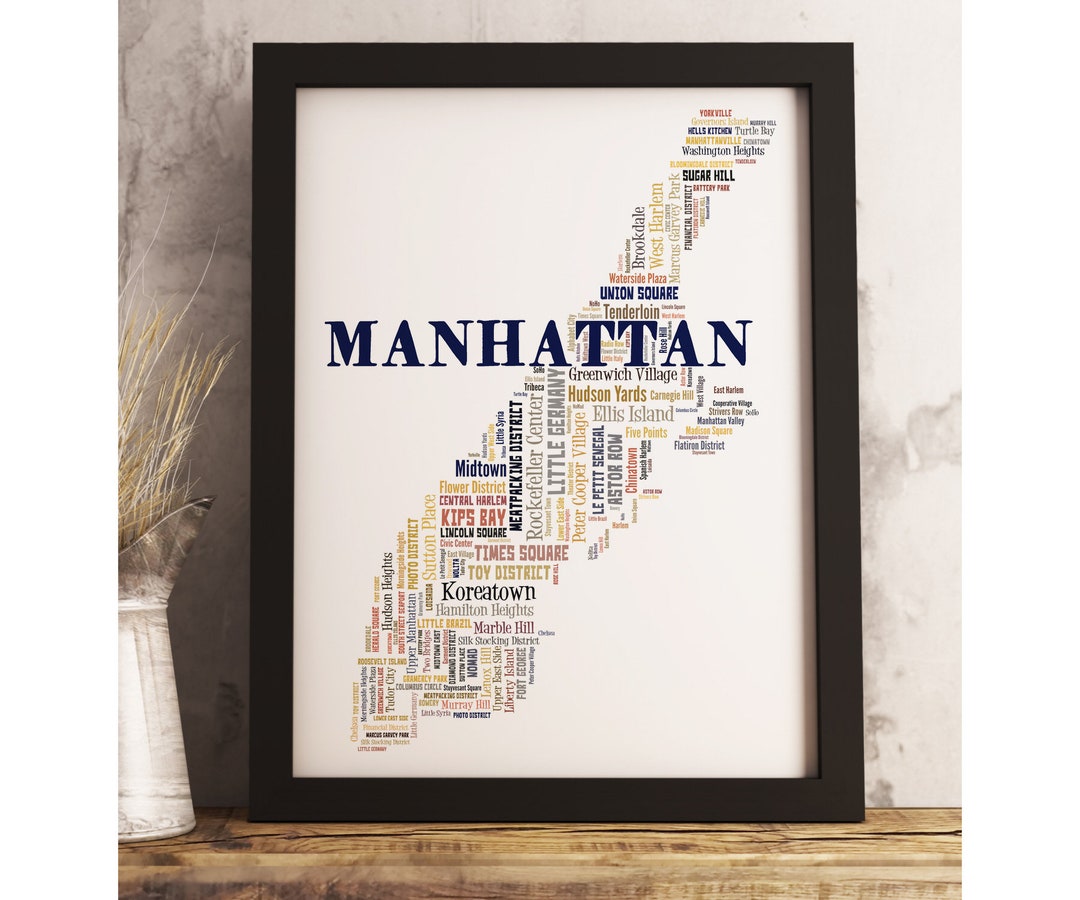 Manhattan Neighborhood Art Print FRAMED, Manhattan Map Art, Manhattan ...