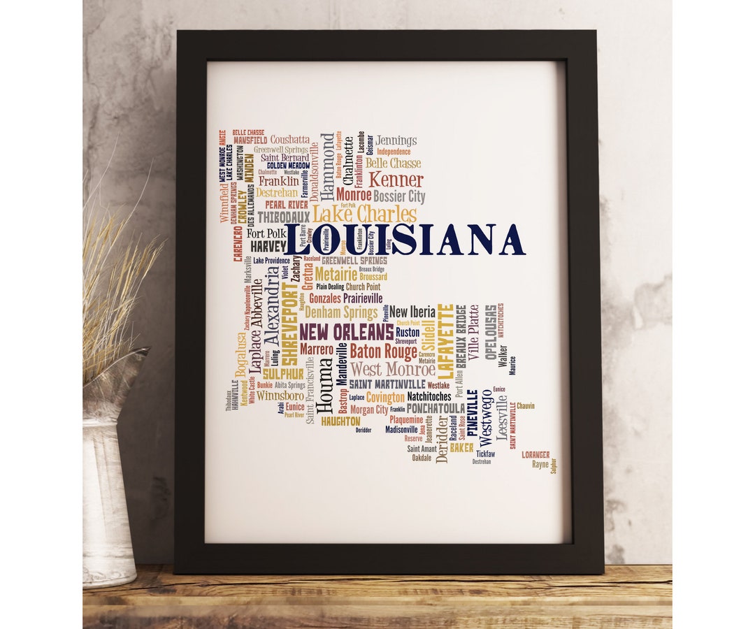 Louisiana State Map Print FRAMED, Louisiana Map Art, Louisiana Art ...