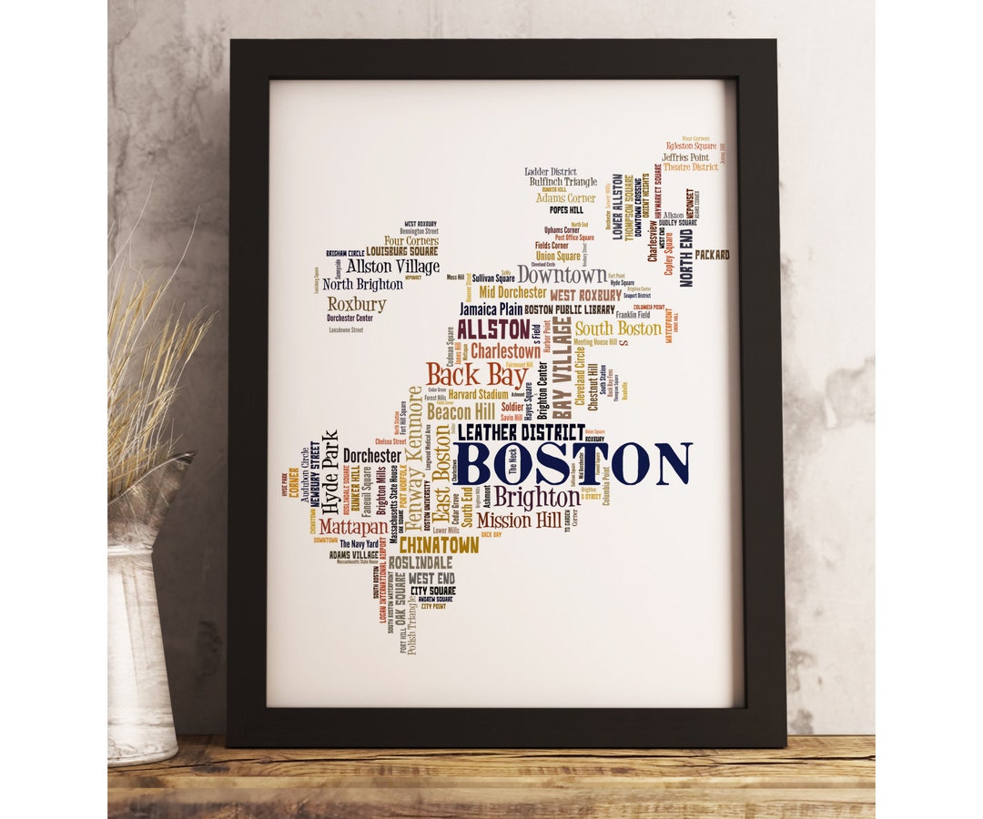 Framed Boston Neighborhood Art Print, Boston Map Art, Boston Art Print ...