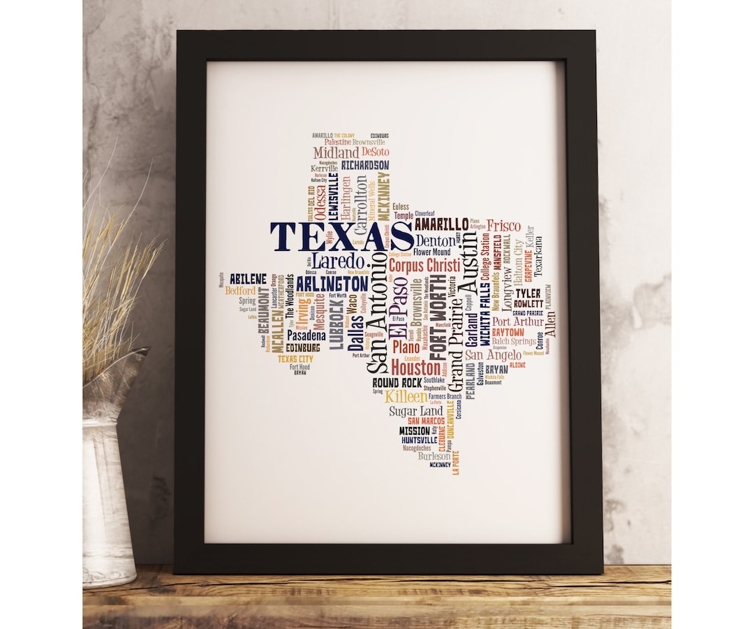 Texas State Map Print FRAMED, Texas Map Art, Texas Art Print, Texas ...