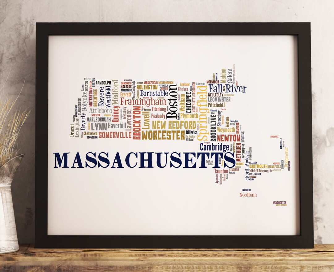 Massachusetts State Map Print FRAMED, Massachusetts Map Art ...