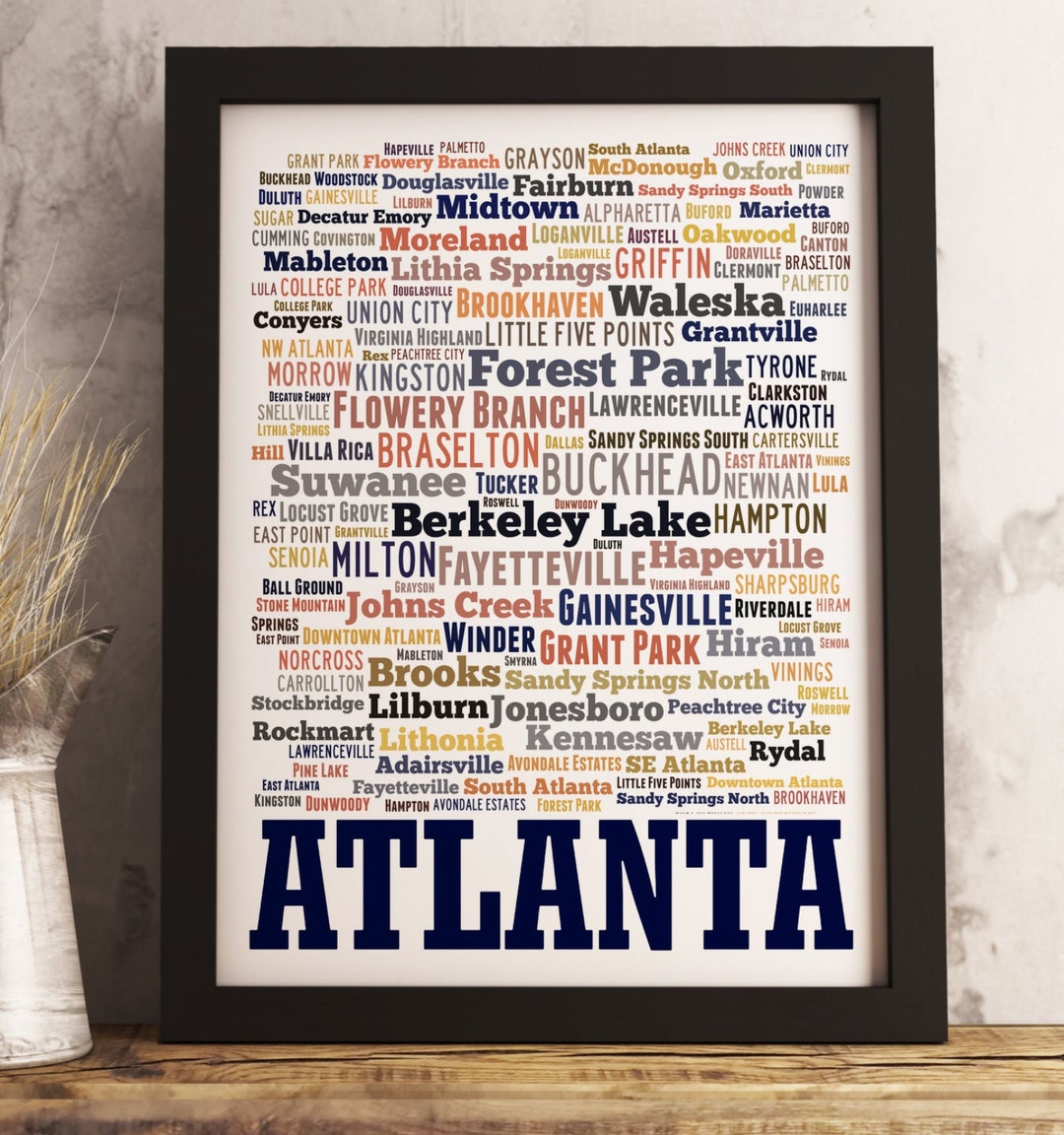 Atlanta Neighborhood Art Print FRAMED, Atlanta Word Cloud Art, Atlanta ...