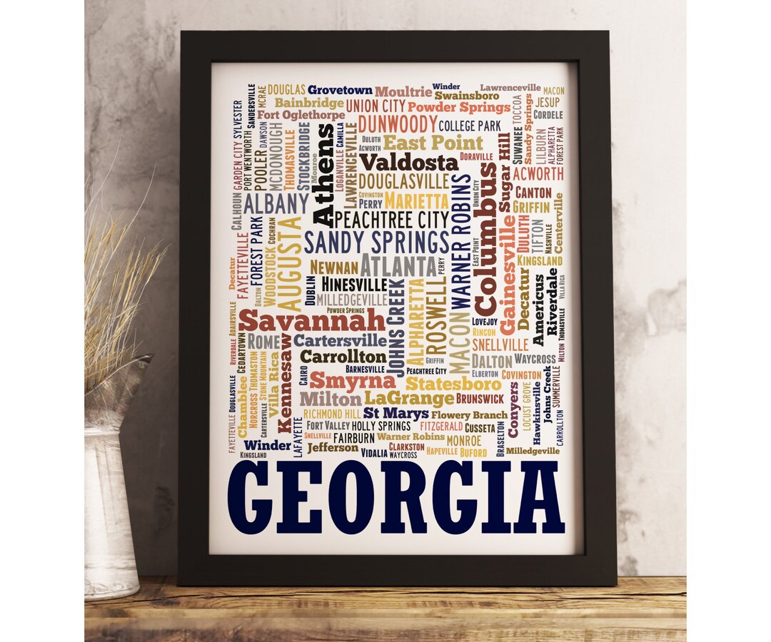 Georgia Art Print FRAMED, Georgia Word Cloud Art, Georgia Map Art ...