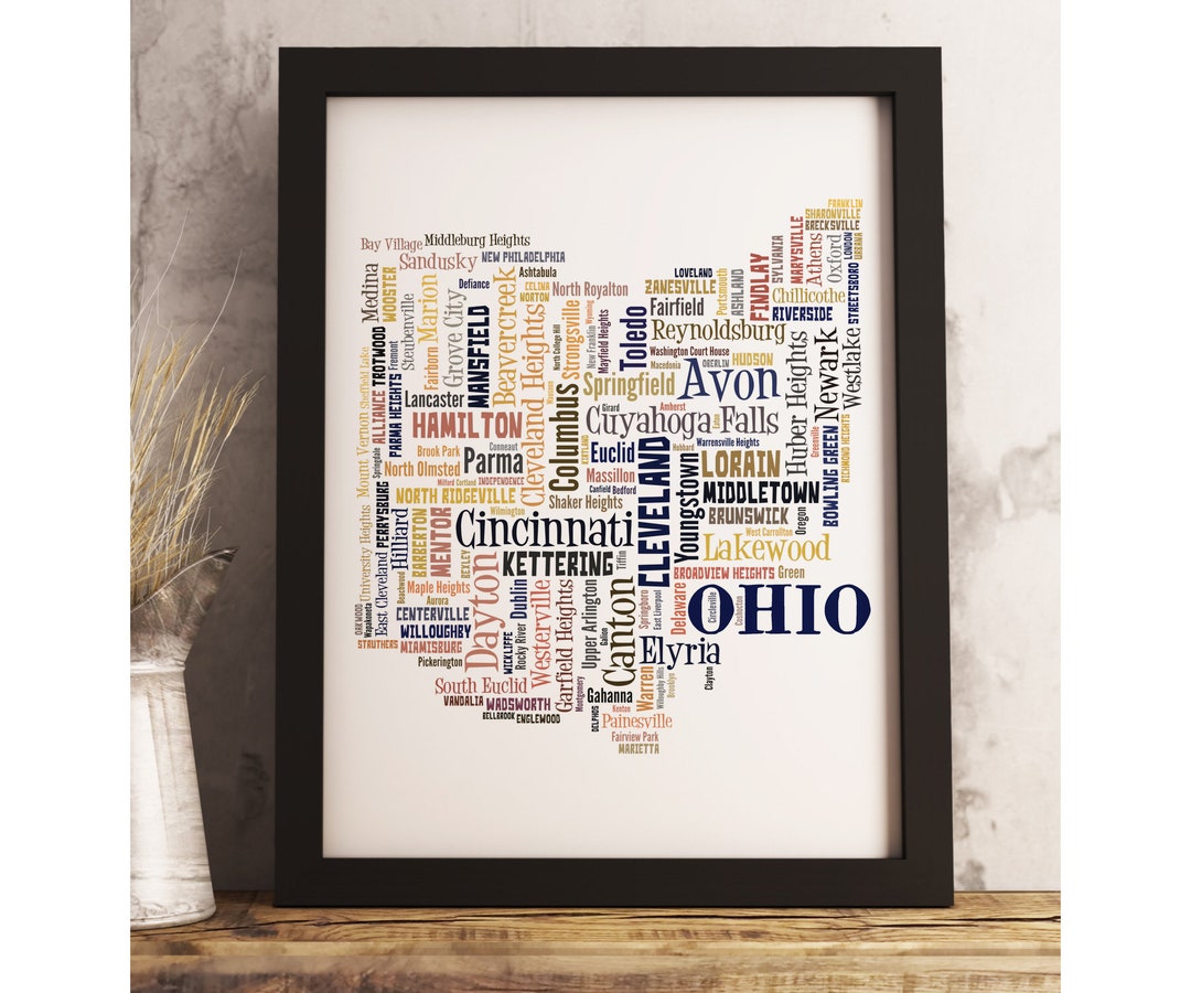 Ohio State Map Print FRAMED, Ohio Map Art, Ohio Art Print, Ohio Word ...