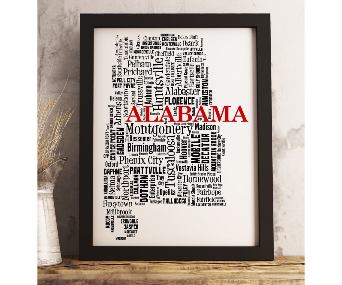 Alabama State Map Print FRAMED Alabama Map Art Alabama Art - Etsy