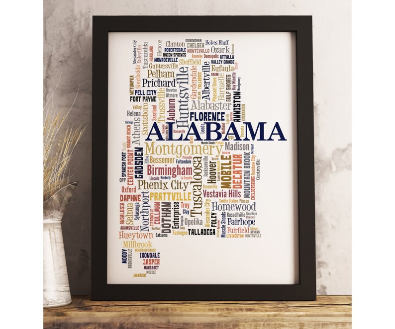 Alabama State Map Print FRAMED, Alabama Map Art, Alabama Art Print ...