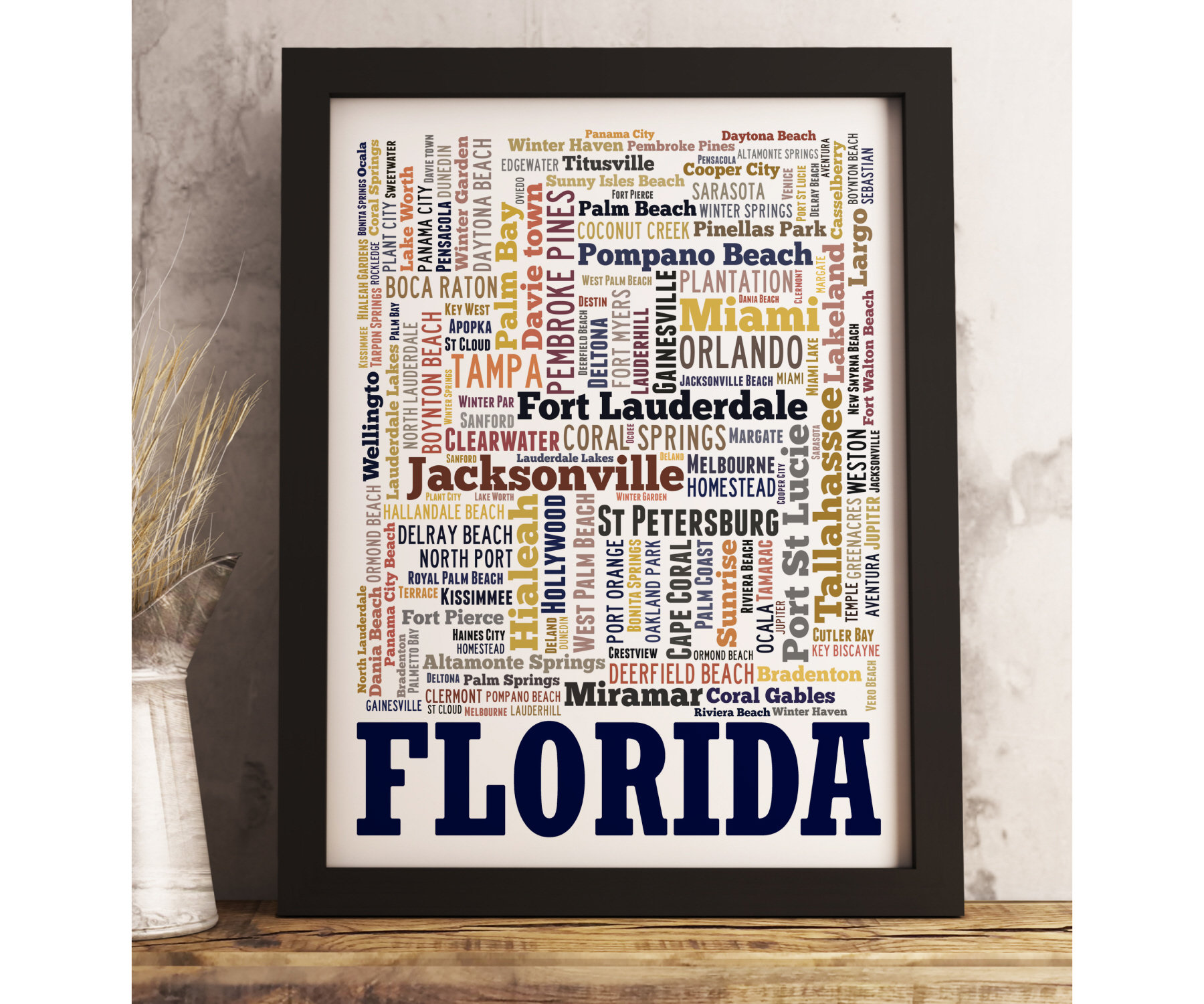 Florida Art Print FRAMED, Florida Word Cloud Art, Florida Map Art ...