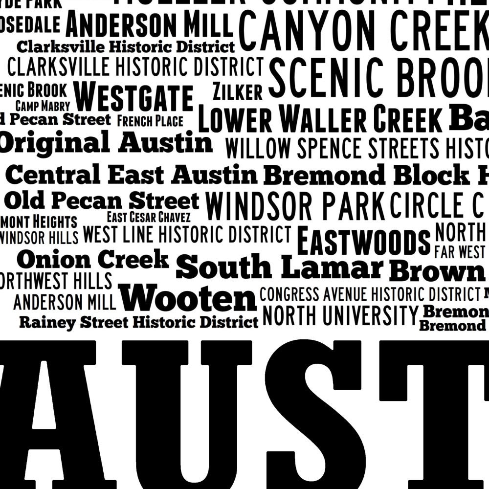 Austin Neighborhood Art Print FRAMED, Austin Word Cloud Art, Austin ...