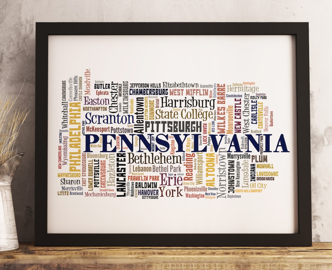 Pennsylvania State Map Print FRAMED, Pennsylvania Map Art, Pennsylvania ...