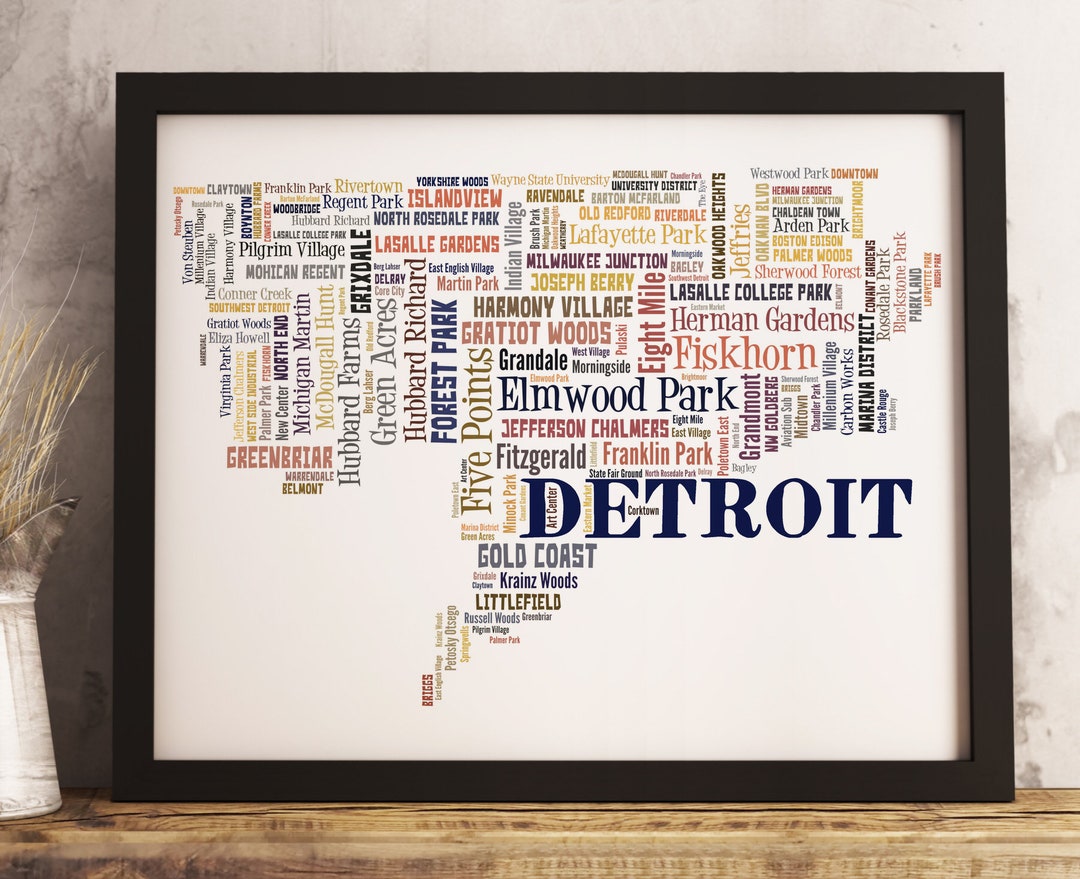 Detroit Neighborhood Art Print FRAMED, Detroit Map Art, Detroit Art ...