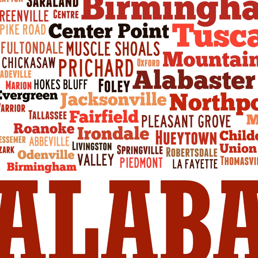 Alabama Art Print FRAMED, Alabama Word Cloud Art, Alabama Map Art ...