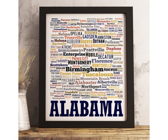 Alabama Art Print FRAMED Alabama Word Cloud Art Alabama Map - Etsy