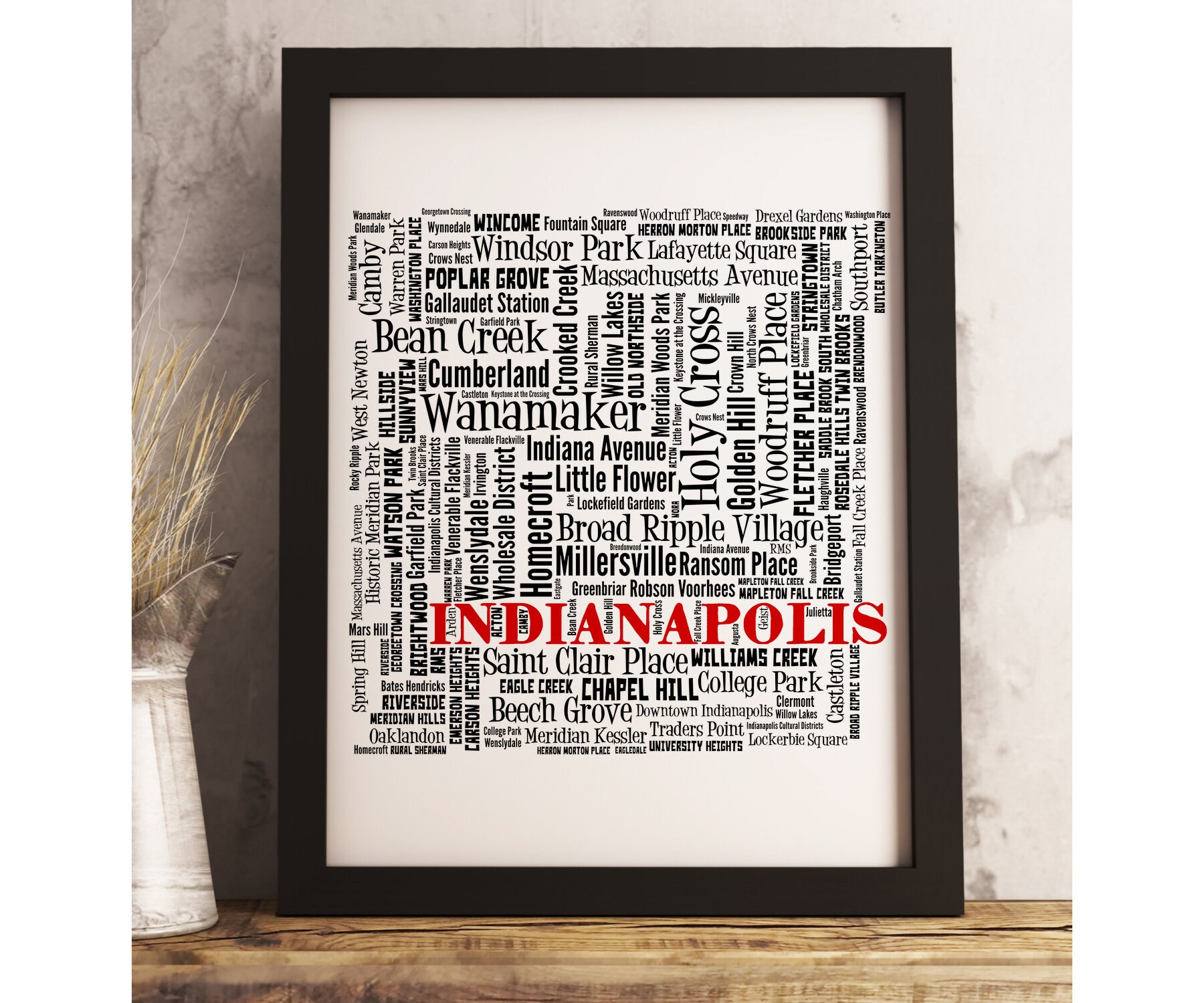 Indianapolis Neighborhood Art Print FRAMED, Indianapolis Map Art ...