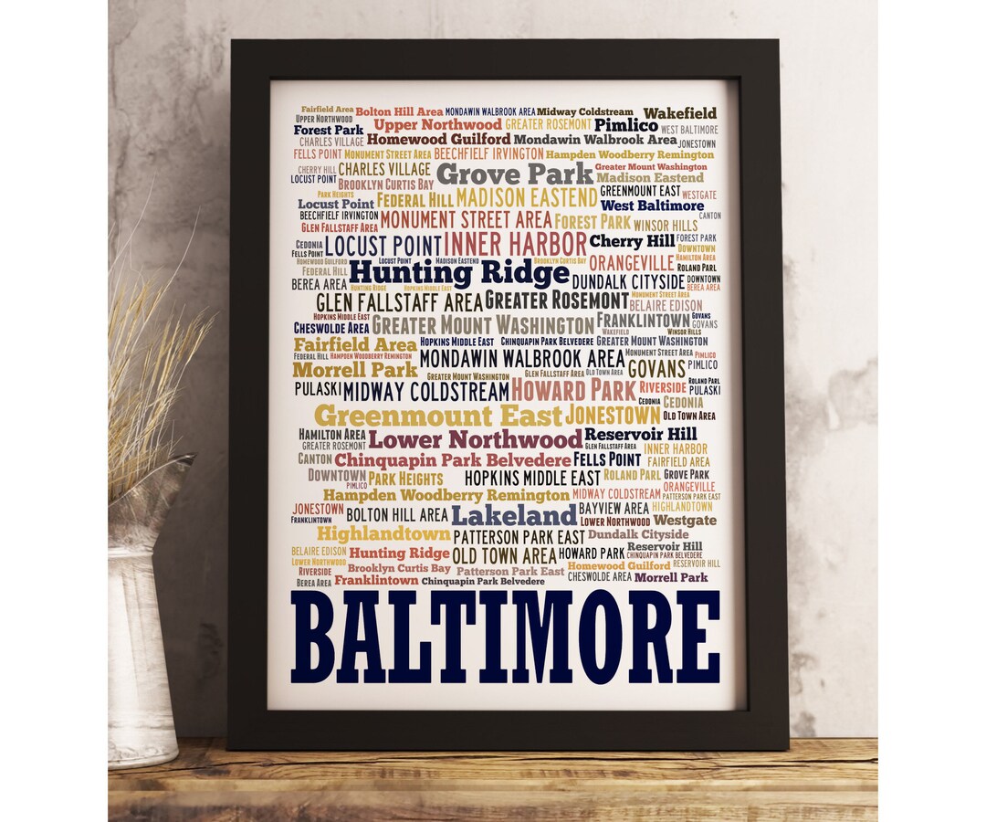 Baltimore Neighborhood Art Print FRAMED, Baltimore Word Cloud Art ...
