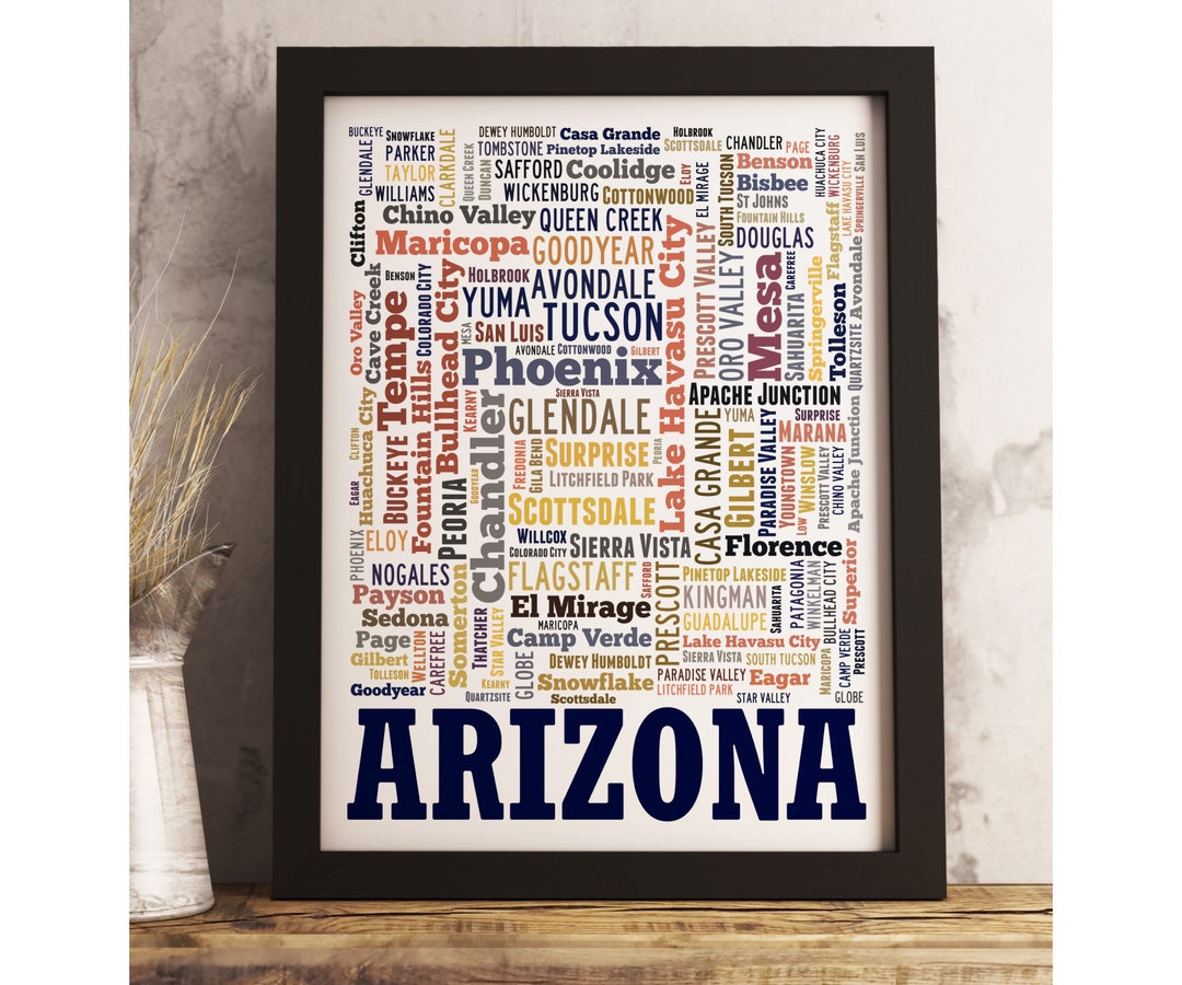 Arizona Art Print FRAMED, Arizona Word Cloud Art, Arizona Map Art ...