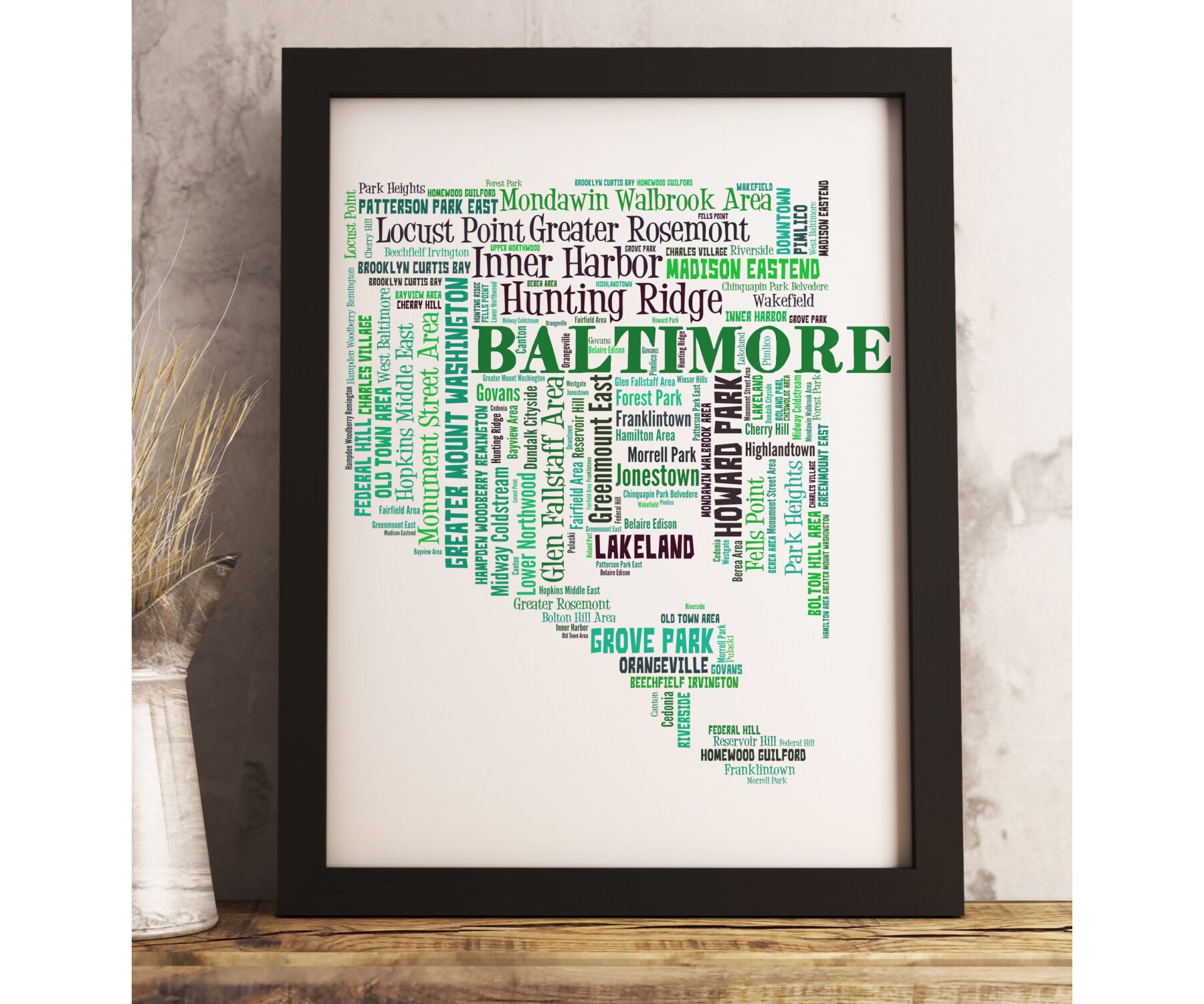 Framed Baltimore Neighborhood Art Print, Baltimore Map Art, Baltimore ...