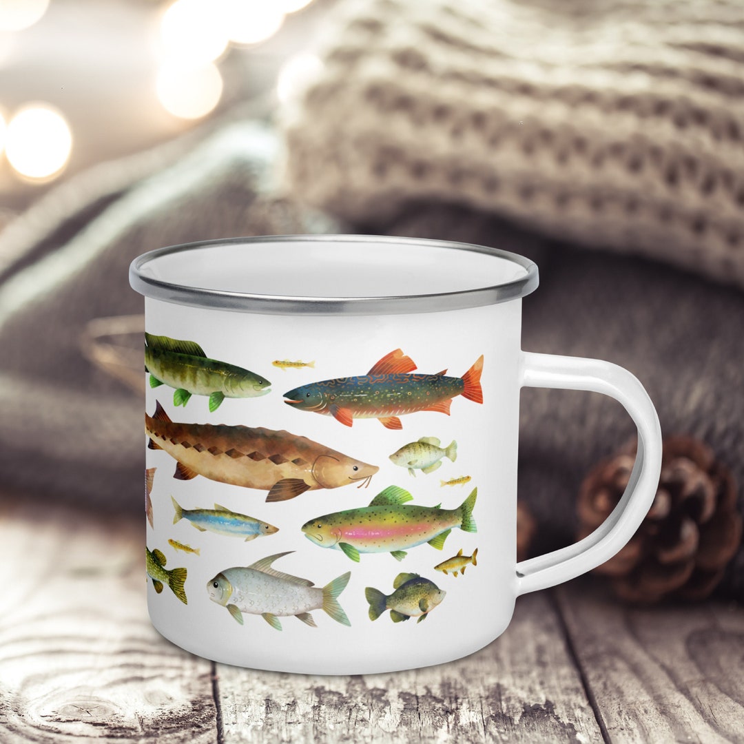 Fish Coffee Cup, Fish Themed Enamel Mug, Fishing Gift, Enamel Mug for ...
