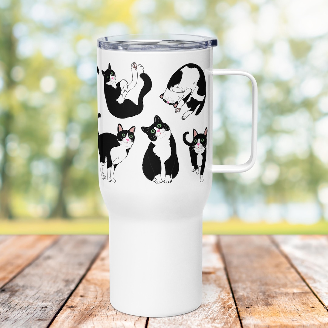 Tuxedo Cat Travel Mug With Handle, Insulated Travel Mug With Black and ...