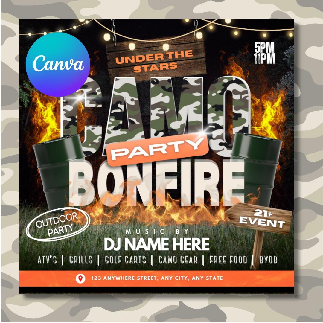 Camo Bonfire Party Flyer Template | Camo Theme Event Invite | Canva ...