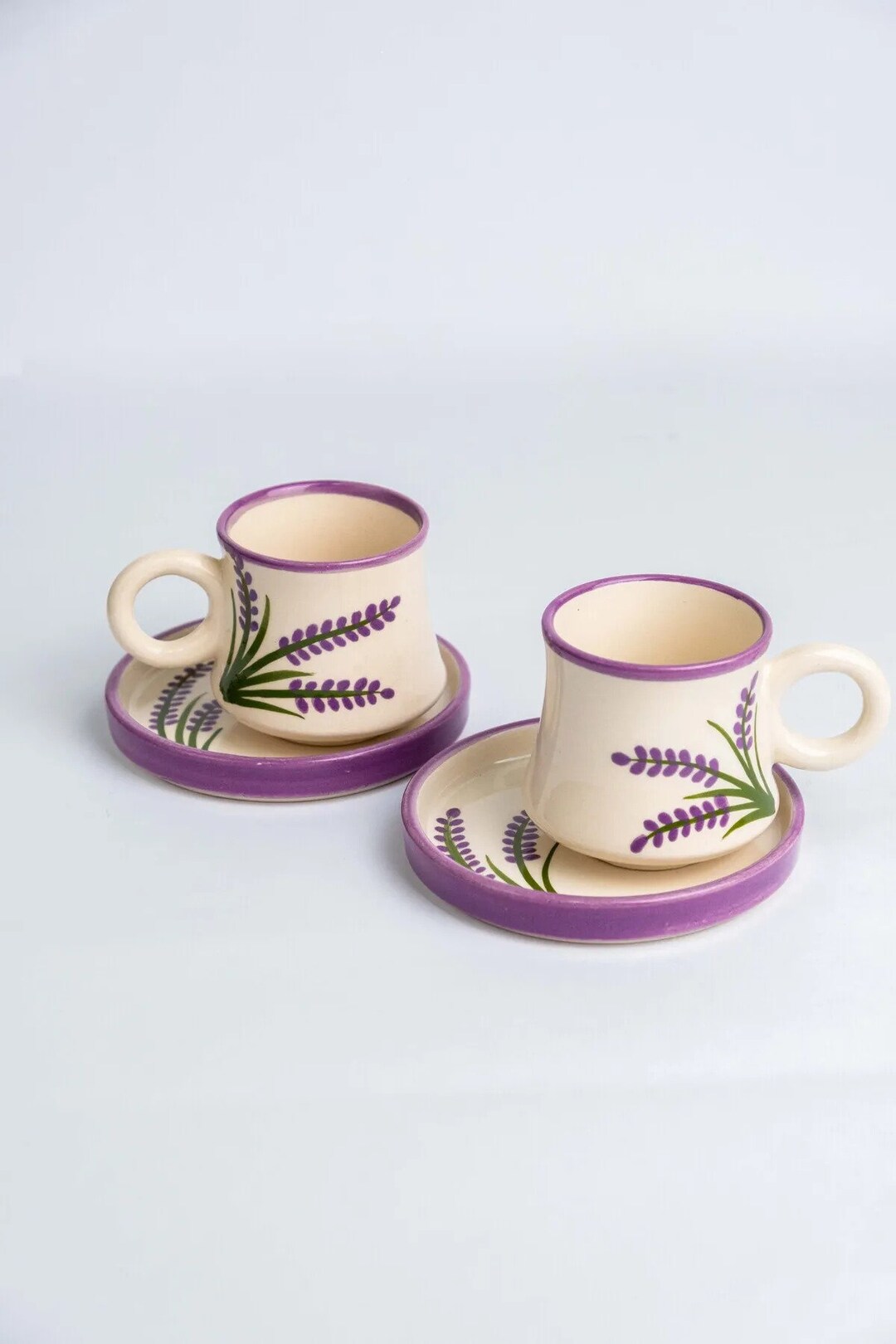 Boho Ceramic Espresso Cup Set: Lavender Design, 2 Cups & Saucers - Etsy