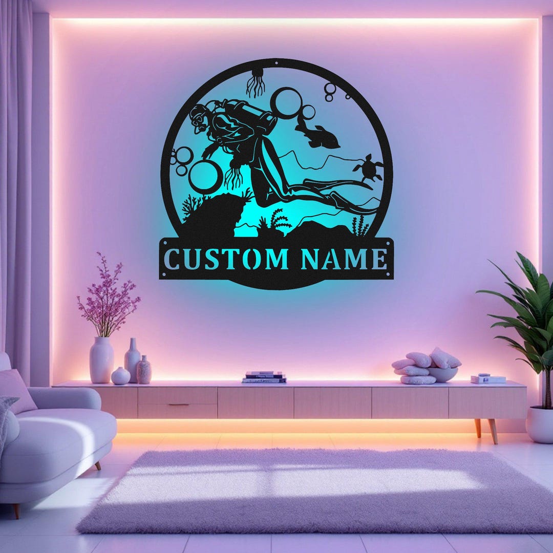 Custom Scuba Diver Metal Wall Art With LED Light, Personalized Scuba ...