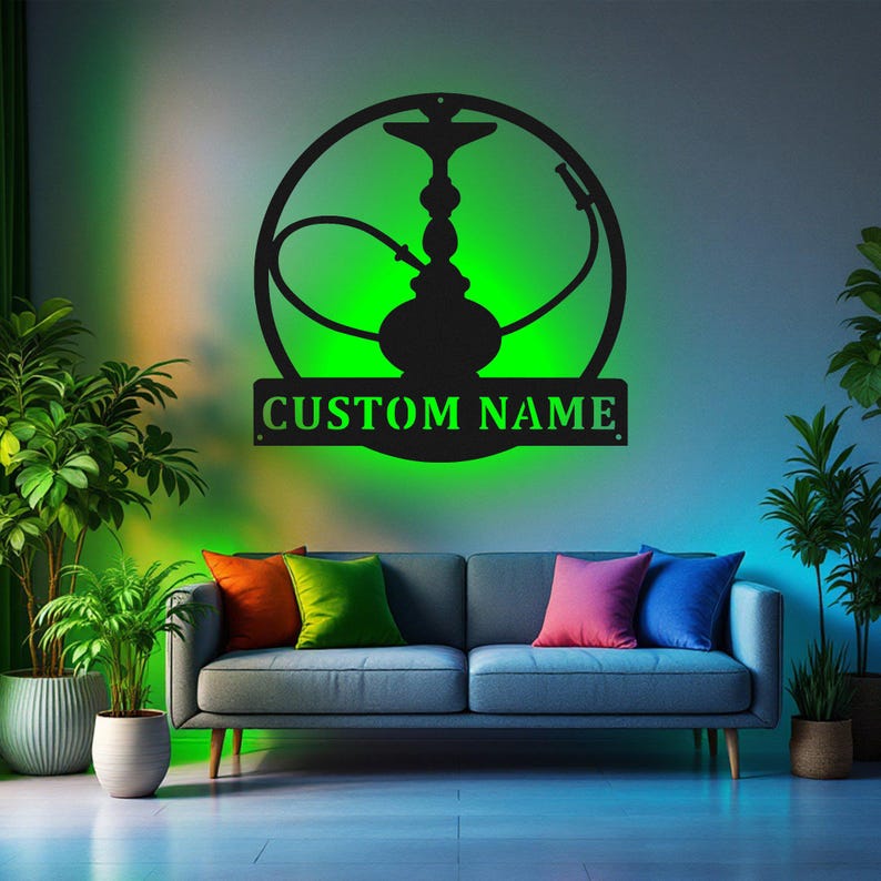 Custom Shisha Hookah Metal Wall Art LED Light, Personalized Smoke Shop ...