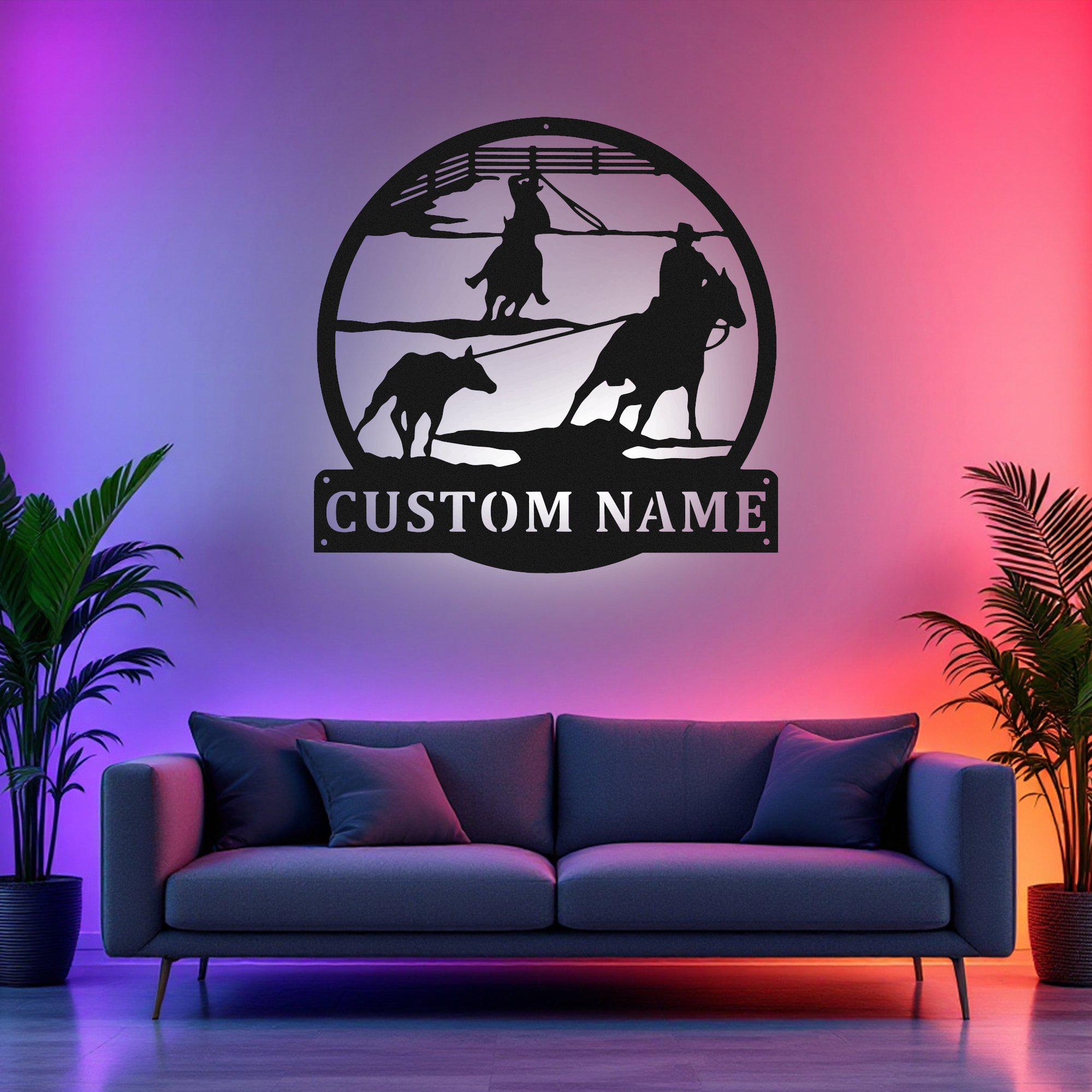 Custom Team Roper Cowboy Horse Metal Wall Art With LED Light ...