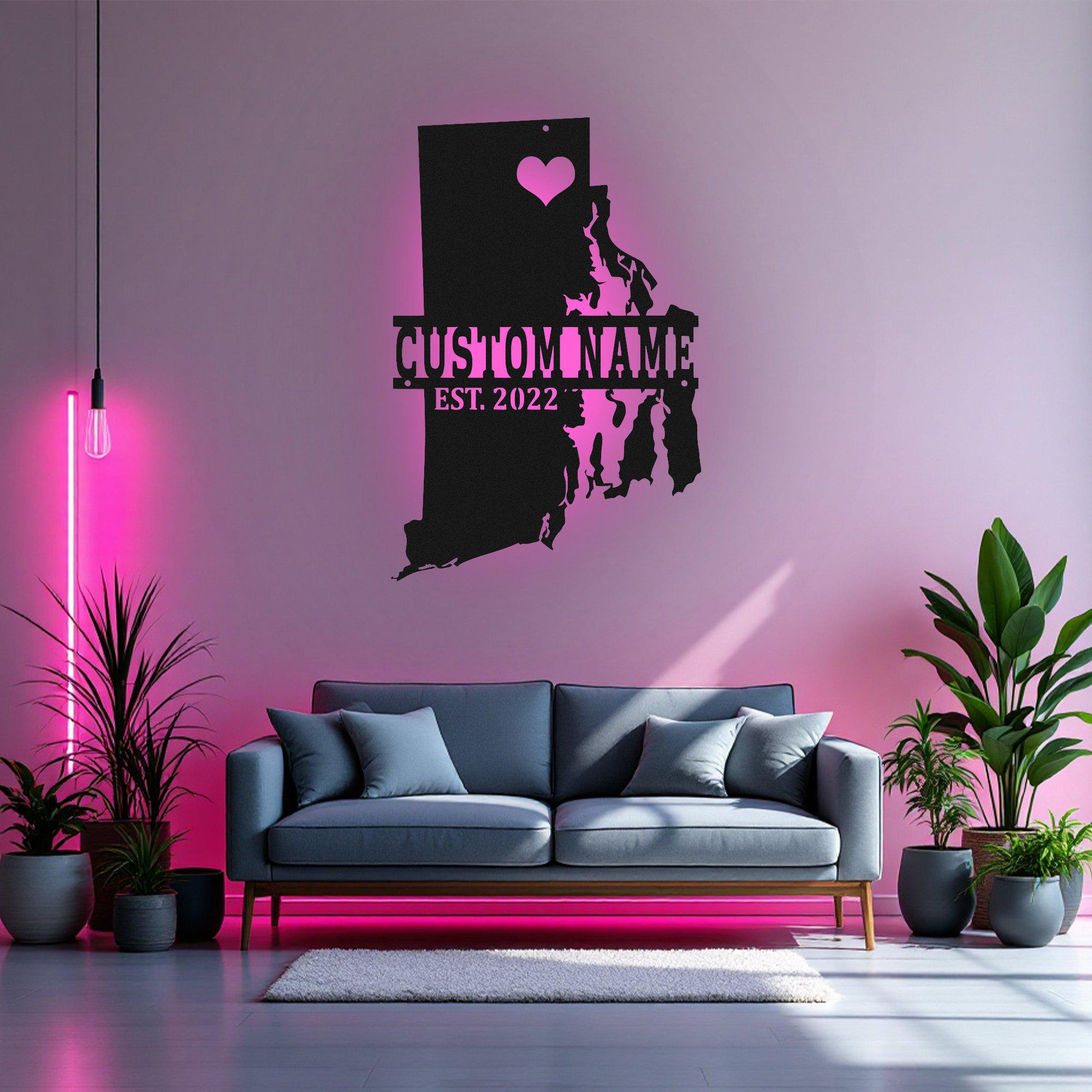 Custom Rhode Island Map Metal Wall Art With Led Light,personalized ...