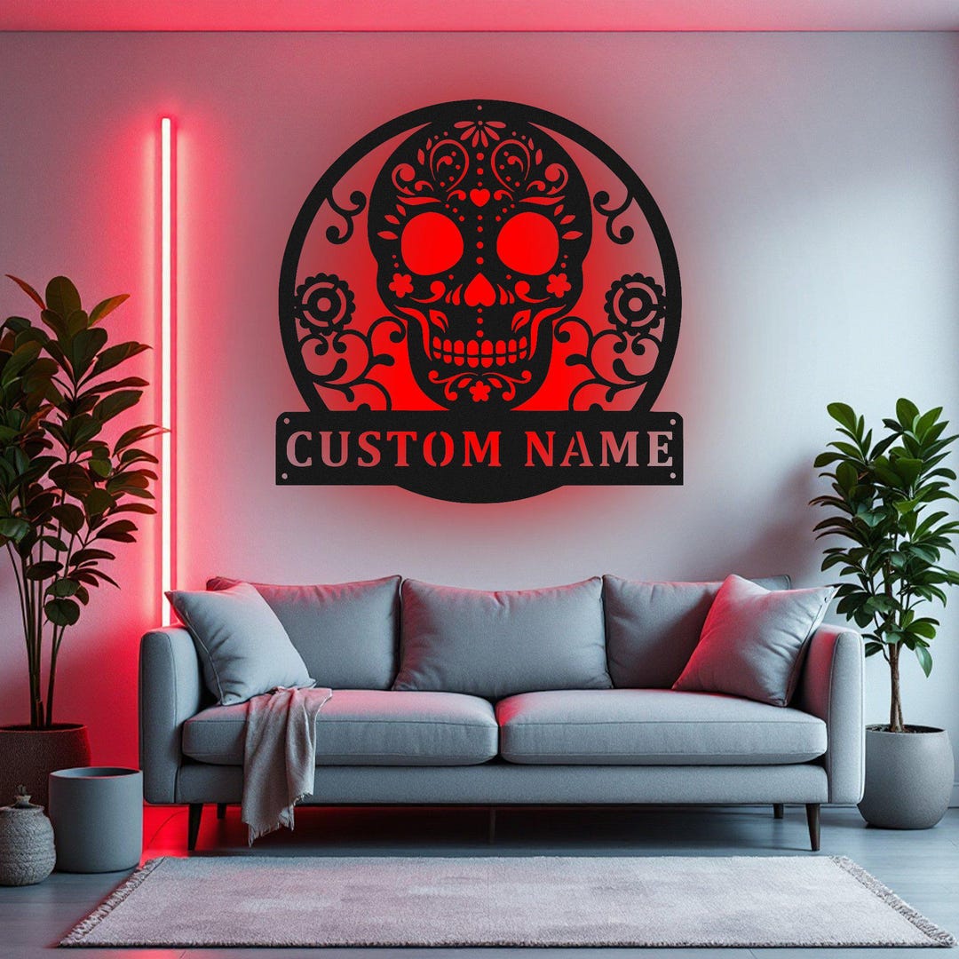 Custom Sugar Skull Metal Wall Art With LED Light, Personalized Sugar ...