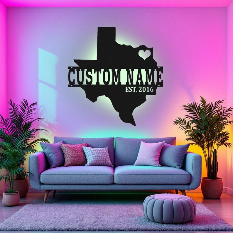 Custom Texas Map Metal Wall Art With Led Light, Personalized Texas ...